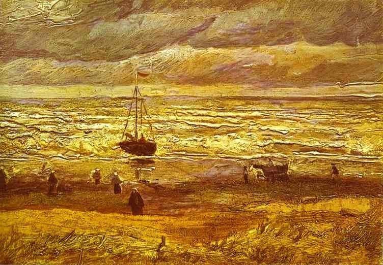 Vincent van Gogh Beach with Figures and Sea with a Ship Painting | Best ...