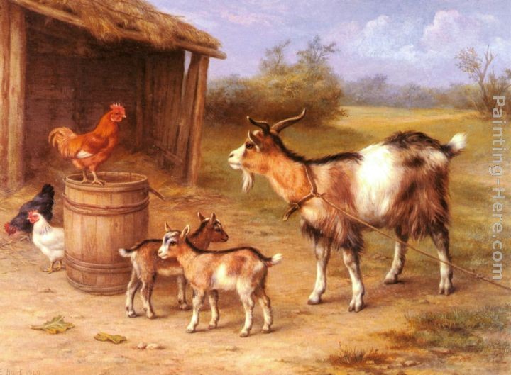 Edgar Hunt A Farmyard scene with goats and chickens Painting | Best ...