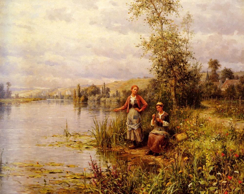 Louis Aston Knight Country Women Fishing on a Summer Afternoon Painting ...
